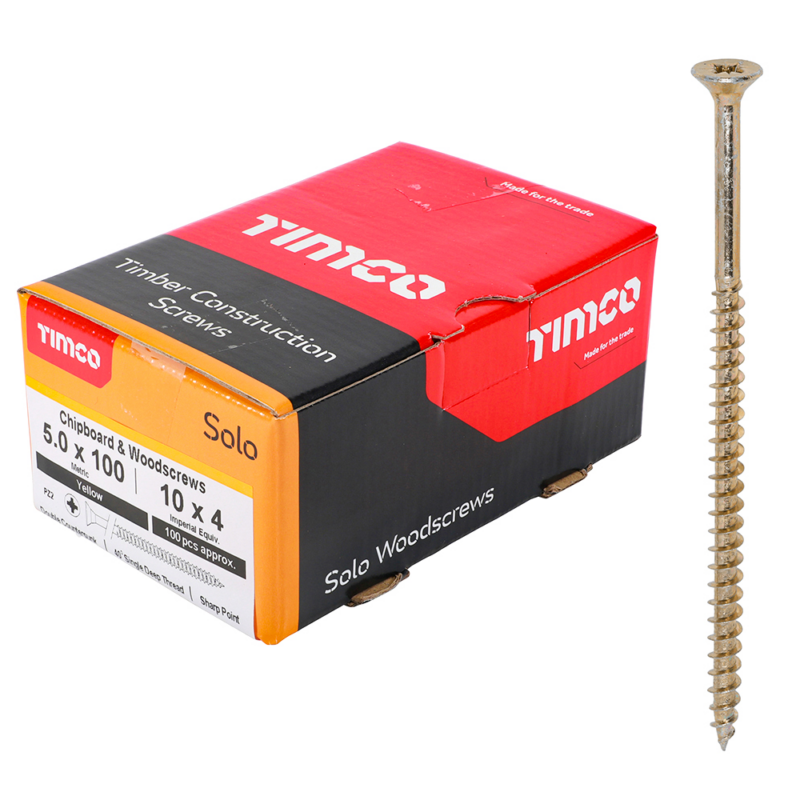 Timco Solo Woodscrews Double Countersunk Yellow 5.0 x 100mm